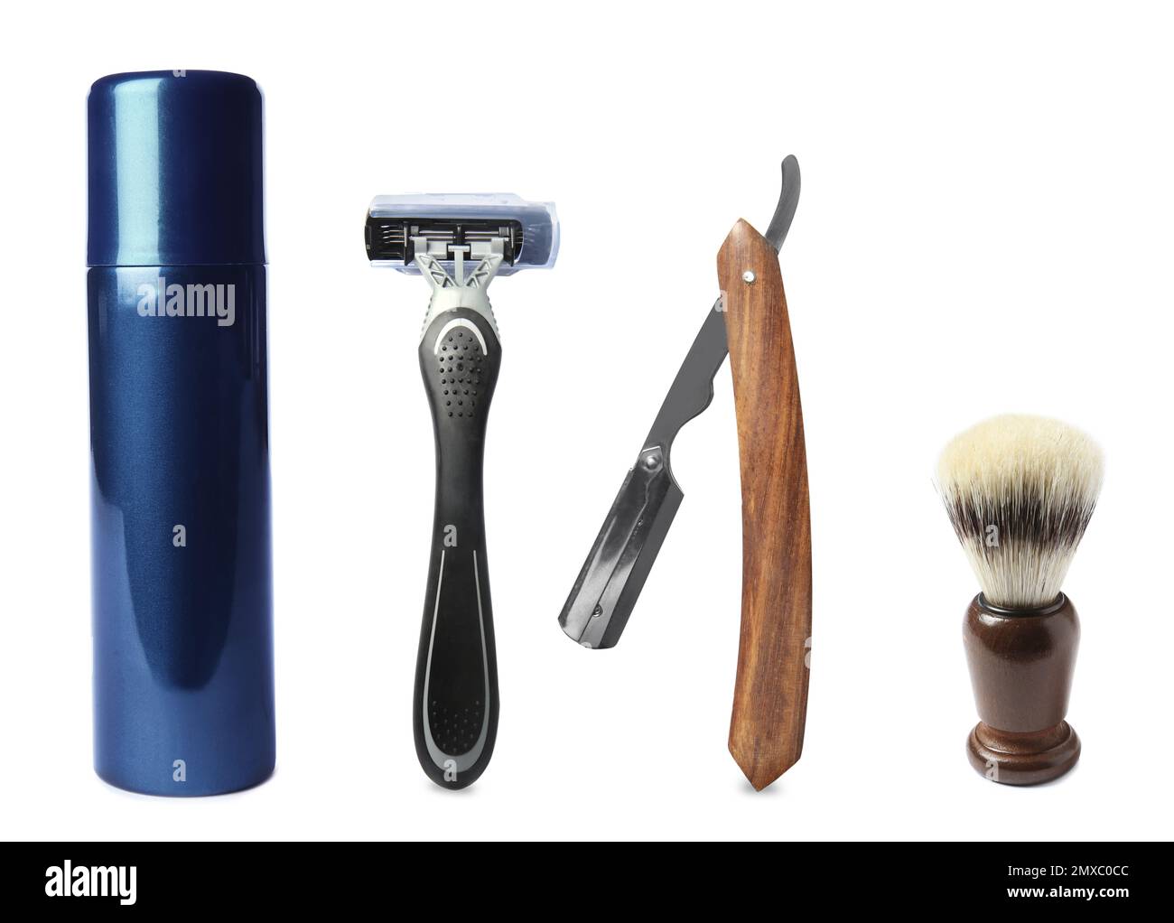 Set with shaving accessories for men on white background Stock Photo ...