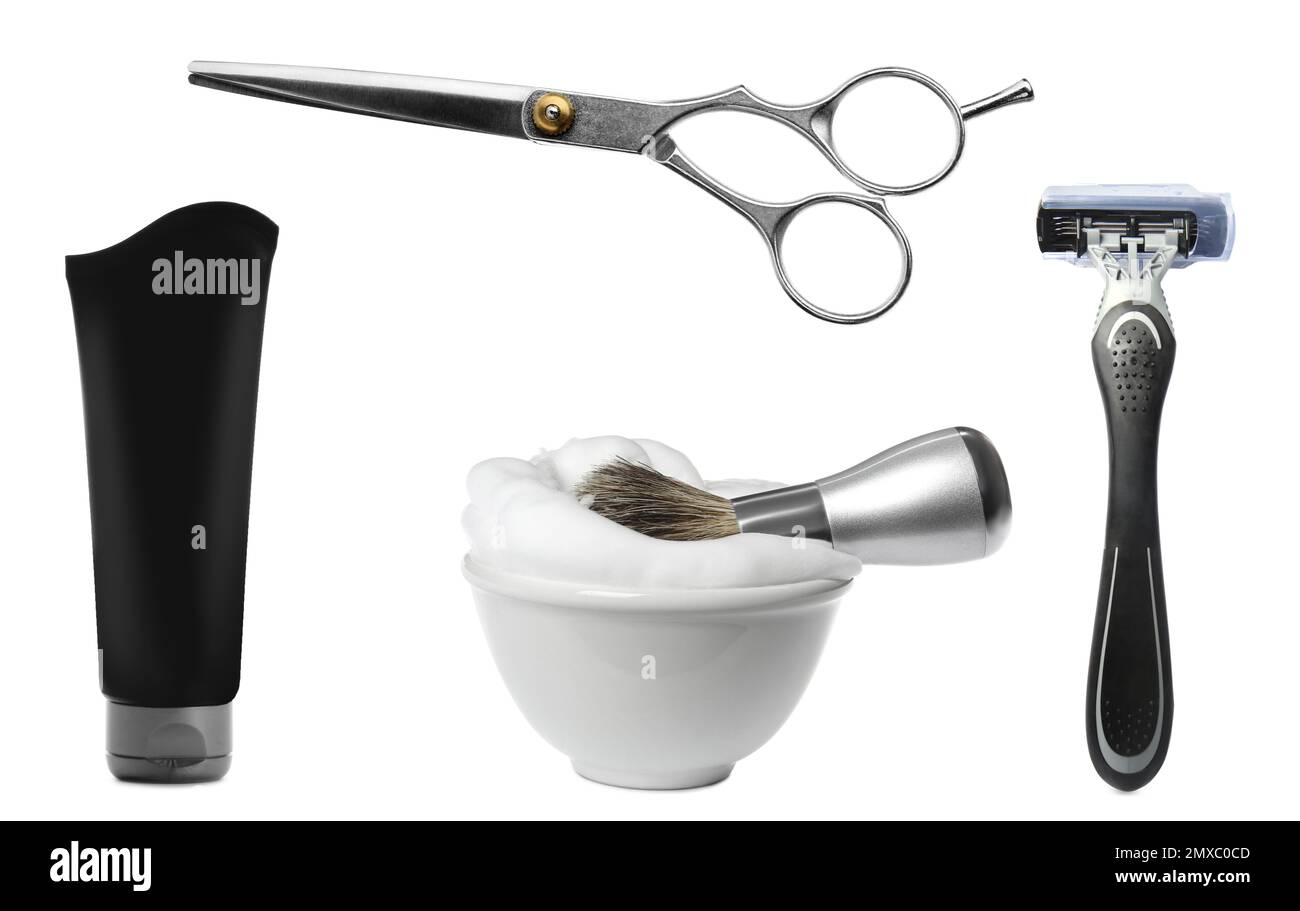 Set with shaving accessories for men on white background Stock Photo ...