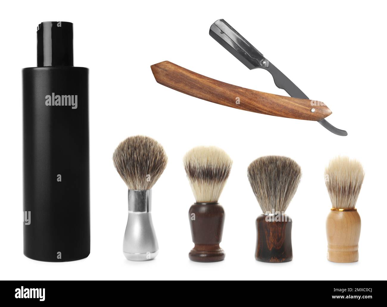 Set with shaving accessories for men on white background Stock Photo ...