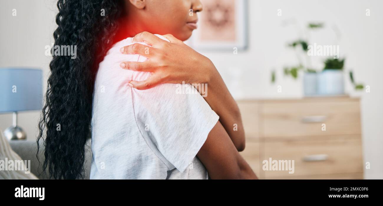 Shoulder pain, injury and black woman, health and emergency, medical ...