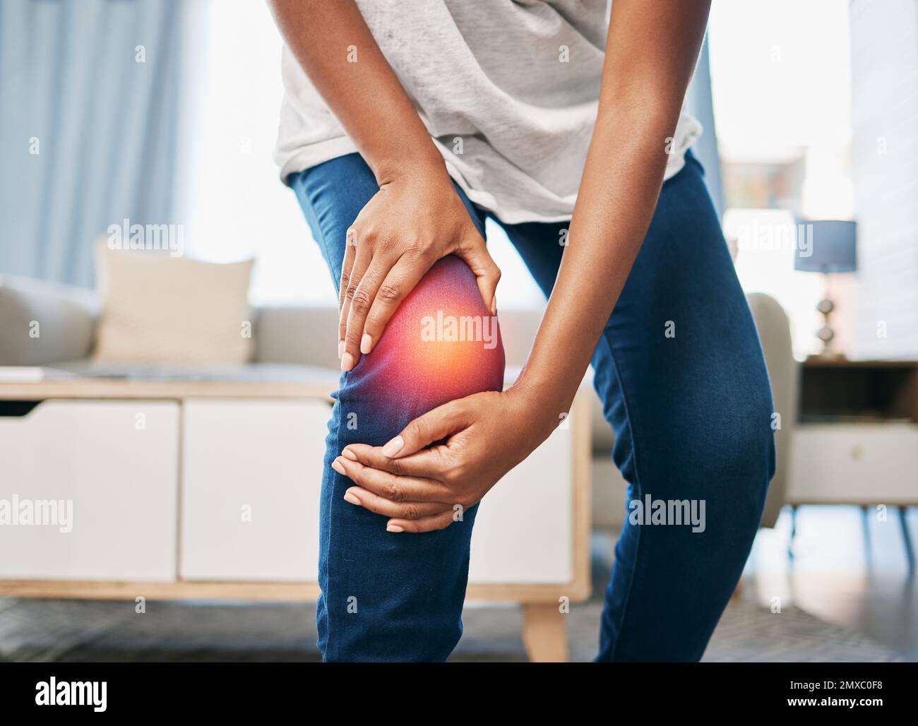 Knee pain, injury and black woman, health and emergency, medical ...