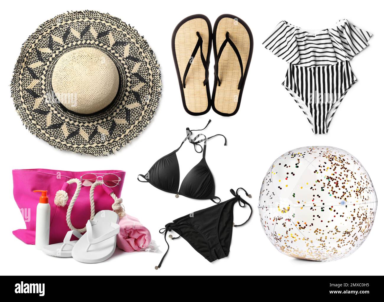 Set of different stylish beach objects on white background Stock Photo ...