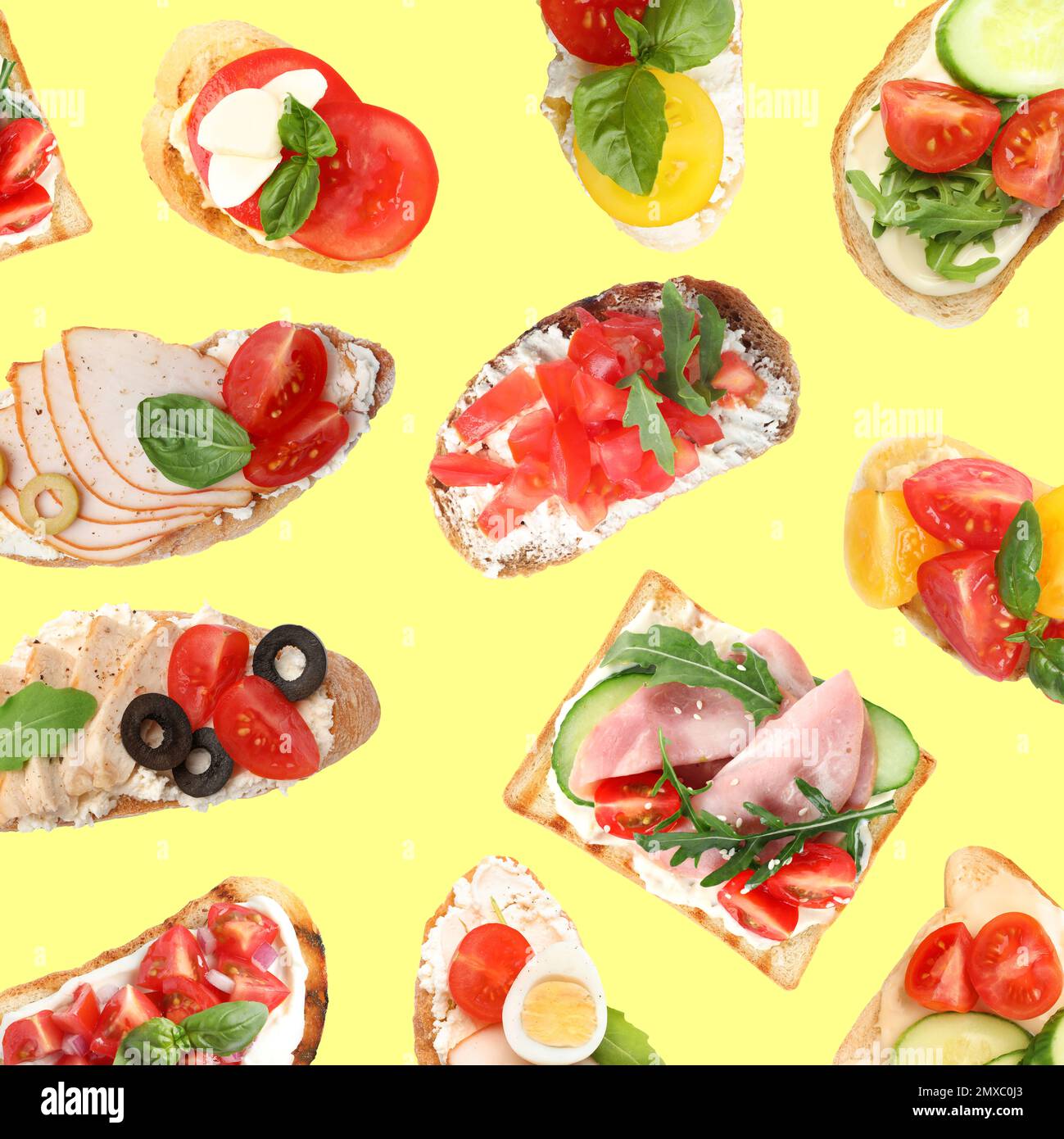 Set of delicious toasted bread with different toppings on yellow ...