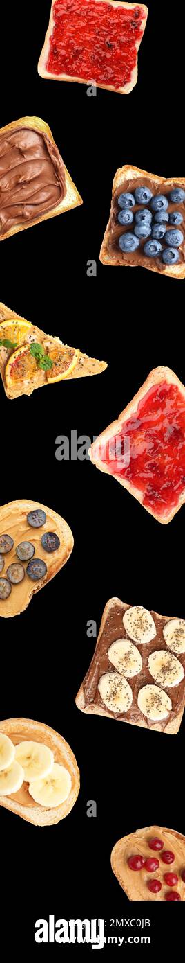 Set of falling delicious toasted bread with different toppings on black ...