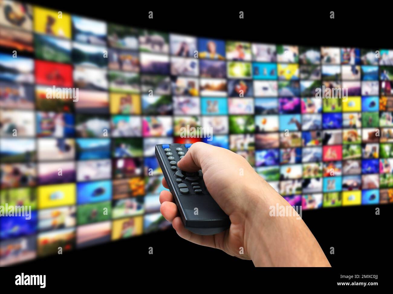 Streaming video services. Man using remote control to change channels on TV, closeup Stock Photo ...