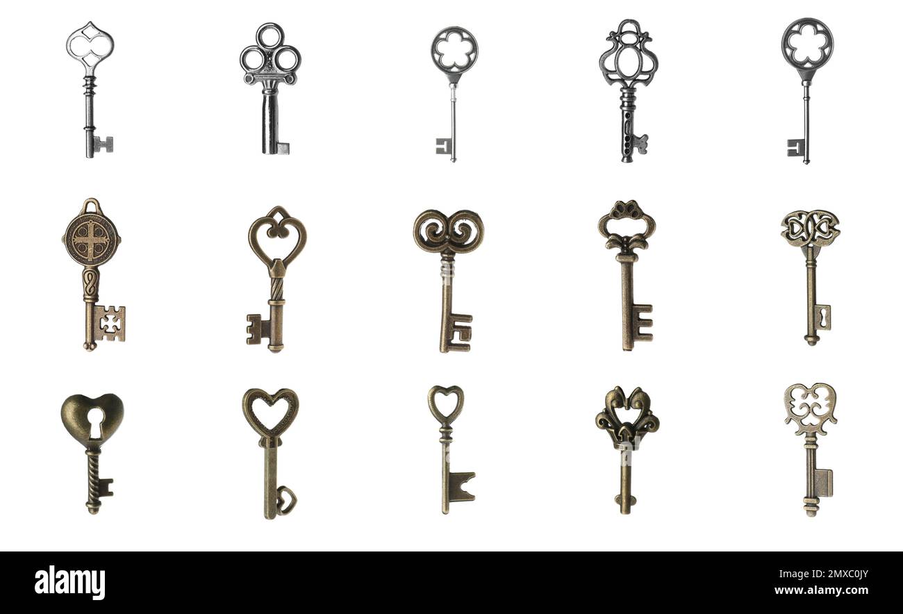Set of different ornate keys on white background Stock Photo - Alamy