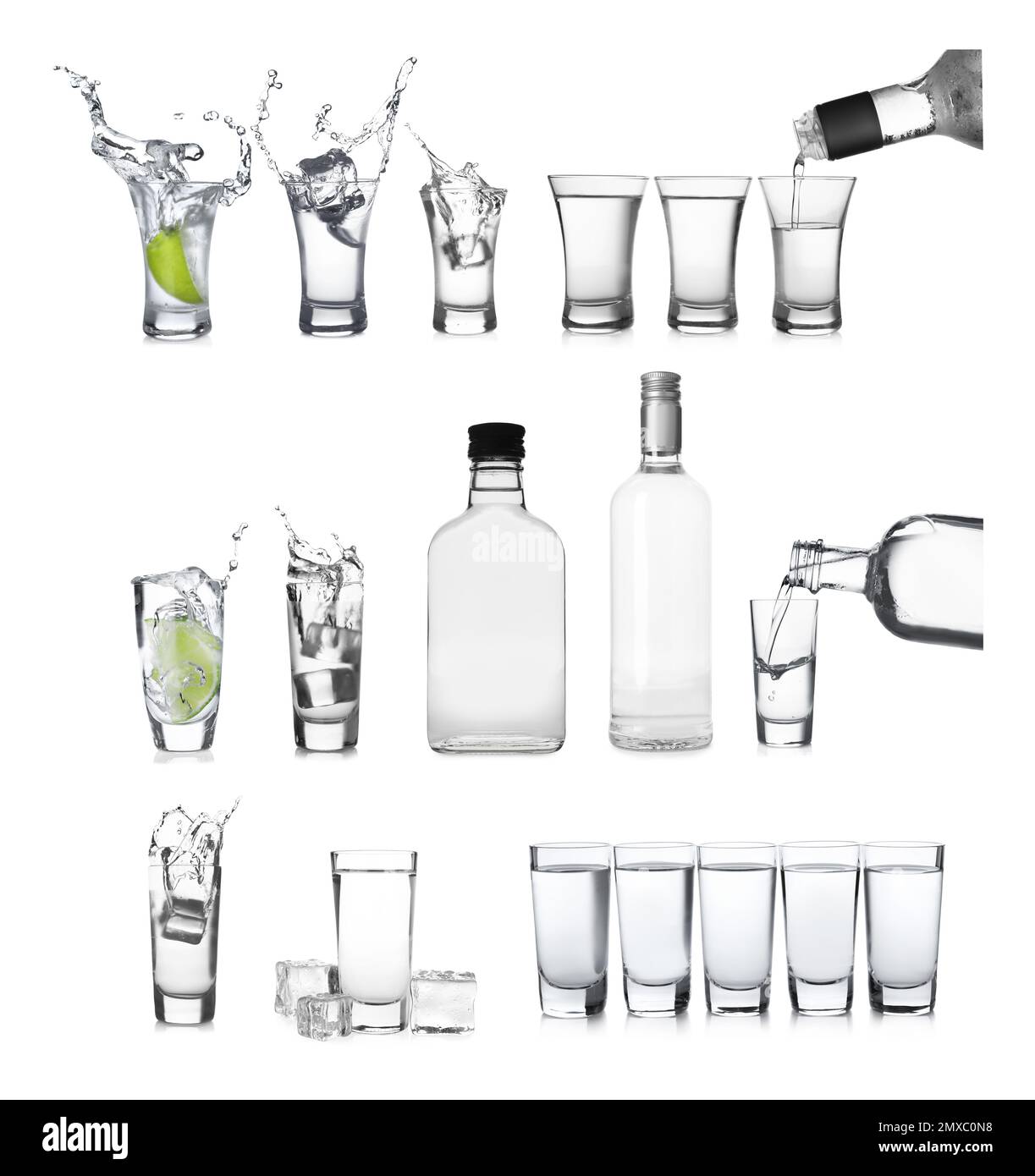 Set with bottles and shots of vodka on white background Stock Photo - Alamy