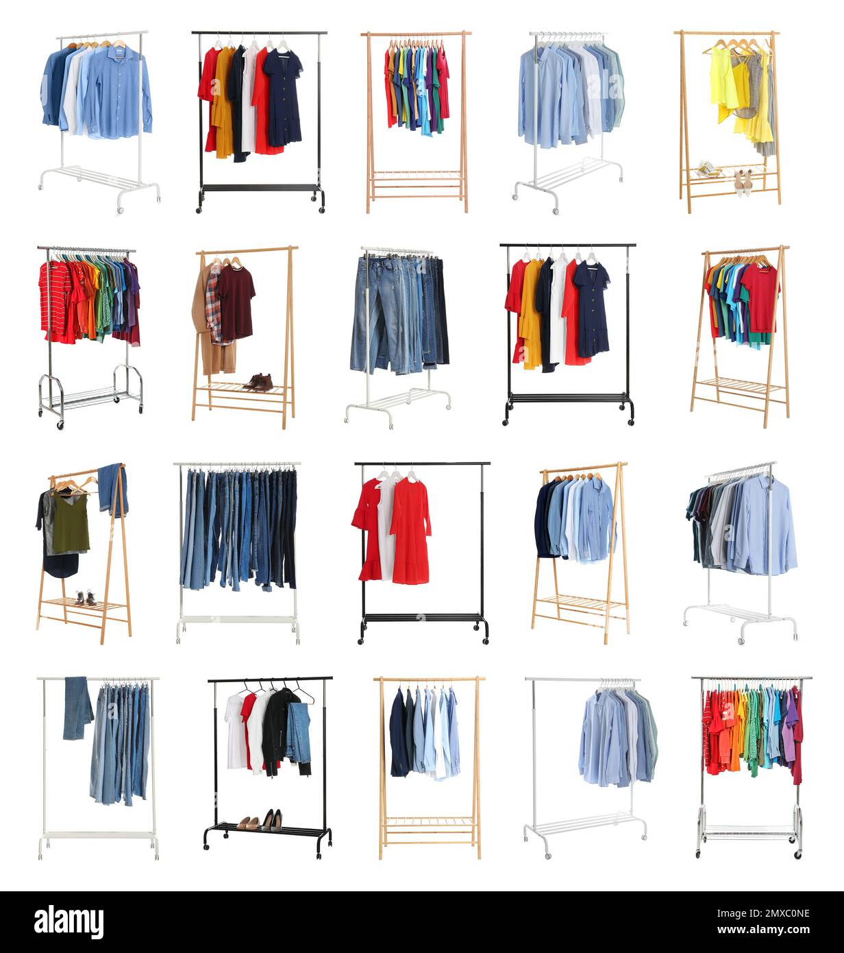 Set of wardrobe racks with different clothes on white background Stock ...