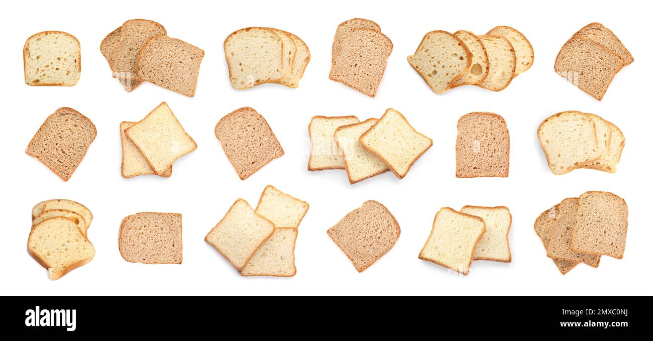 Set of bread slices on white background, top view. Banner design Stock ...