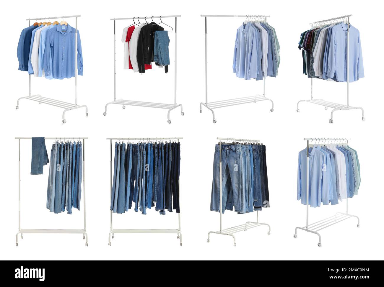 Set of wardrobe racks with different clothes on white background Stock ...