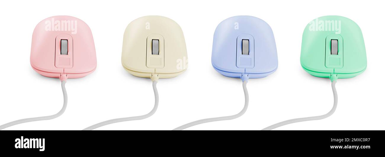 Modern computer mouse on white background, different color variants ...