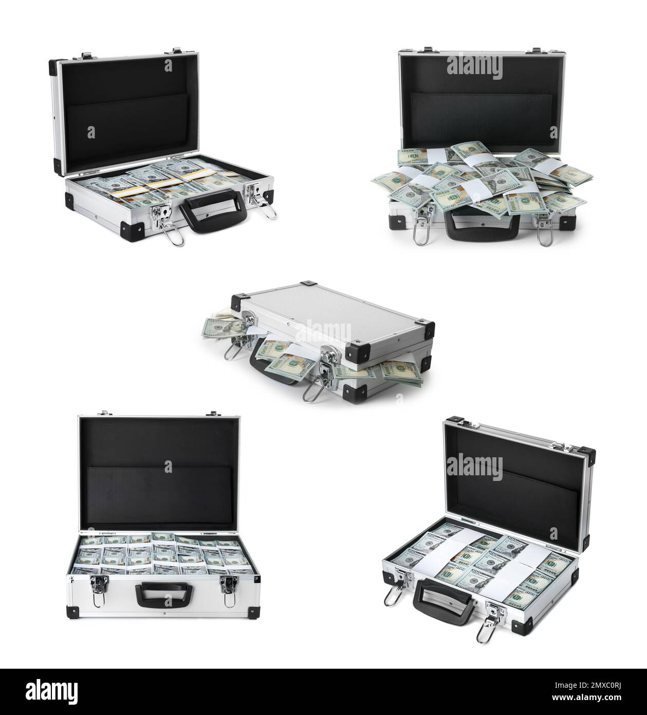 Set of suitcases with money on white background Stock Photo - Alamy