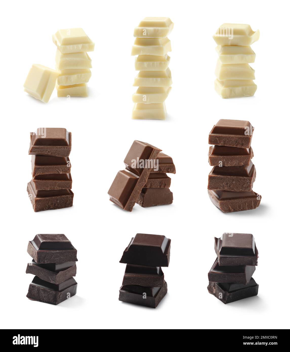 Set with different delicious chocolate pieces on white background Stock ...