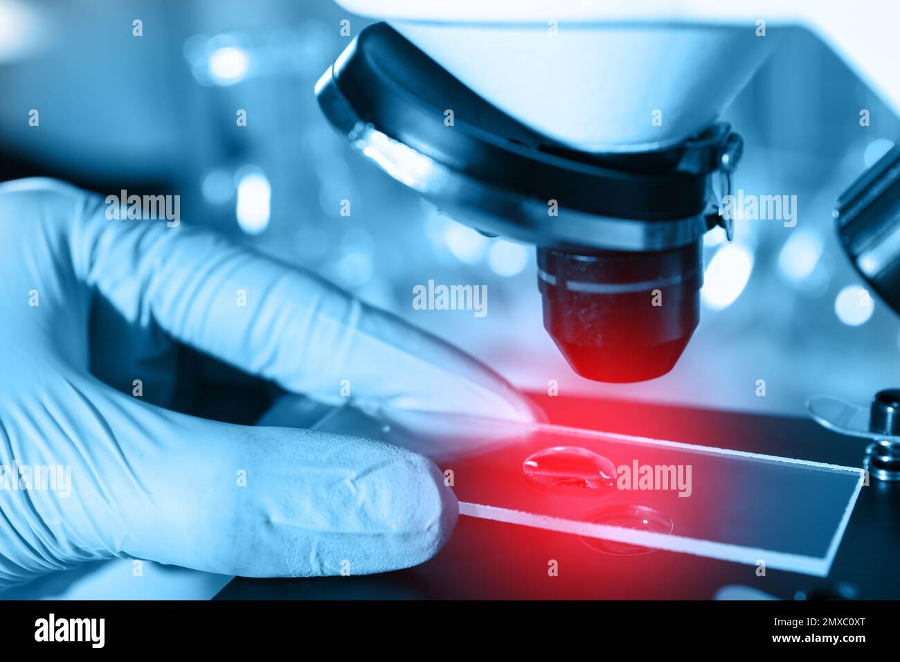 Scientist examining liquid sample with microscope, closeup. Laboratory ...