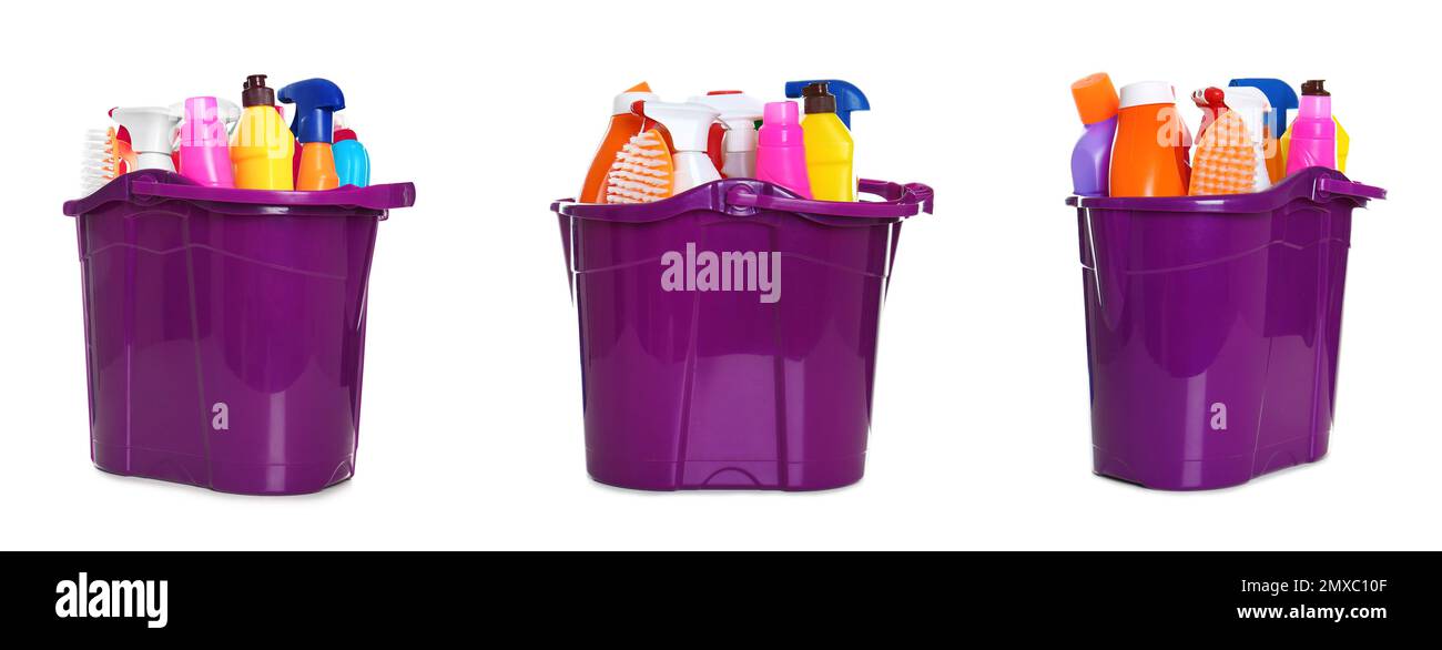 Collage of buckets with cleaning supplies on white background. Banner ...