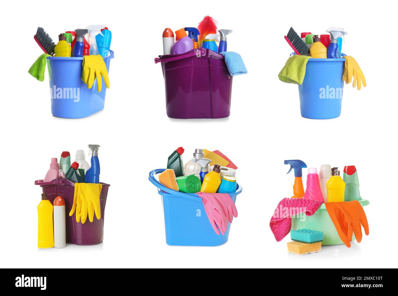 Collage of buckets with cleaning supplies on white background Stock ...