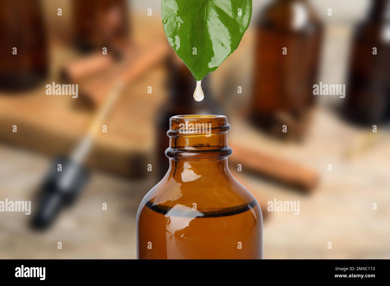Essential oil dripping from green leaf into bottle against blurred ...