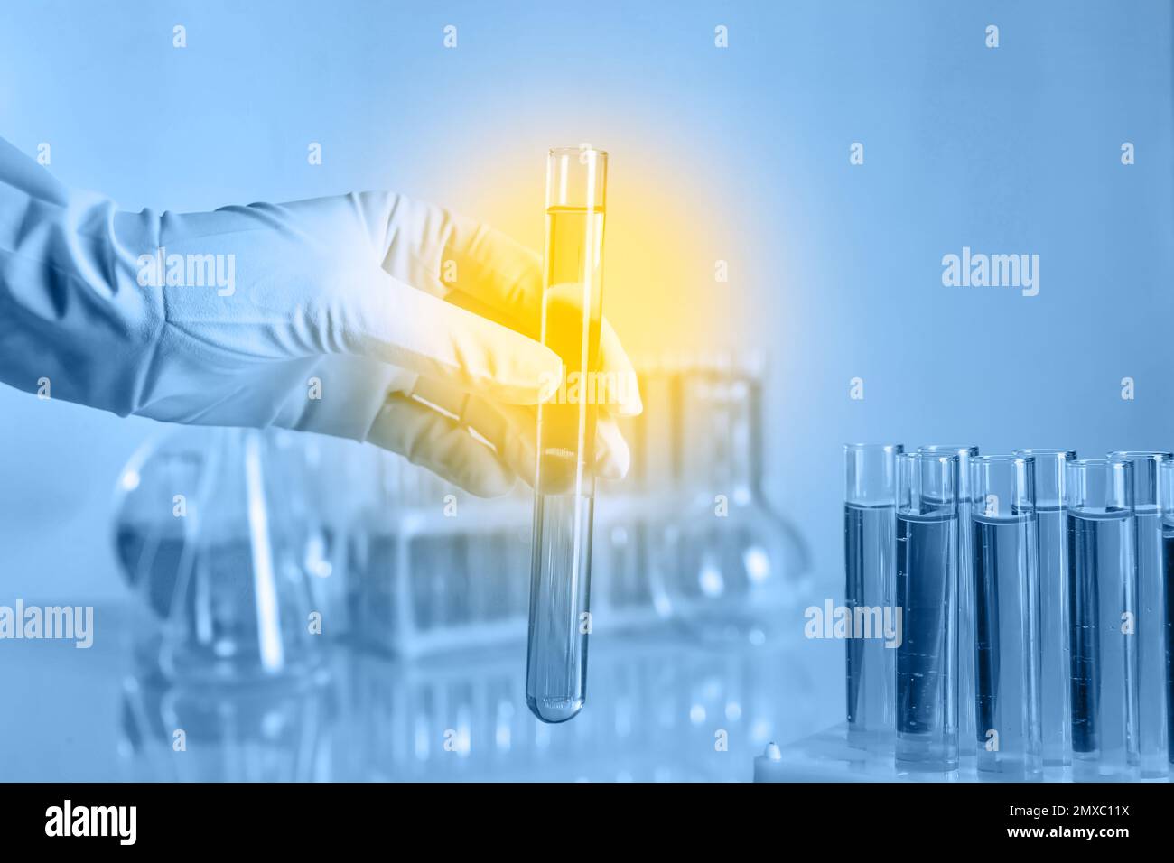 Scientist holding test tube with liquid, closeup. Laboratory analysis ...