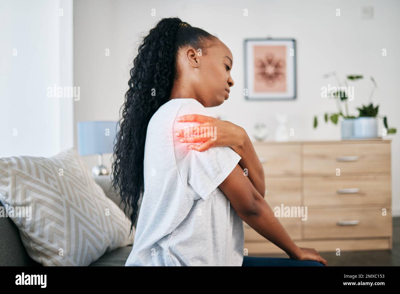 Pain in arm, injury and black woman, health and emergency, medical ...