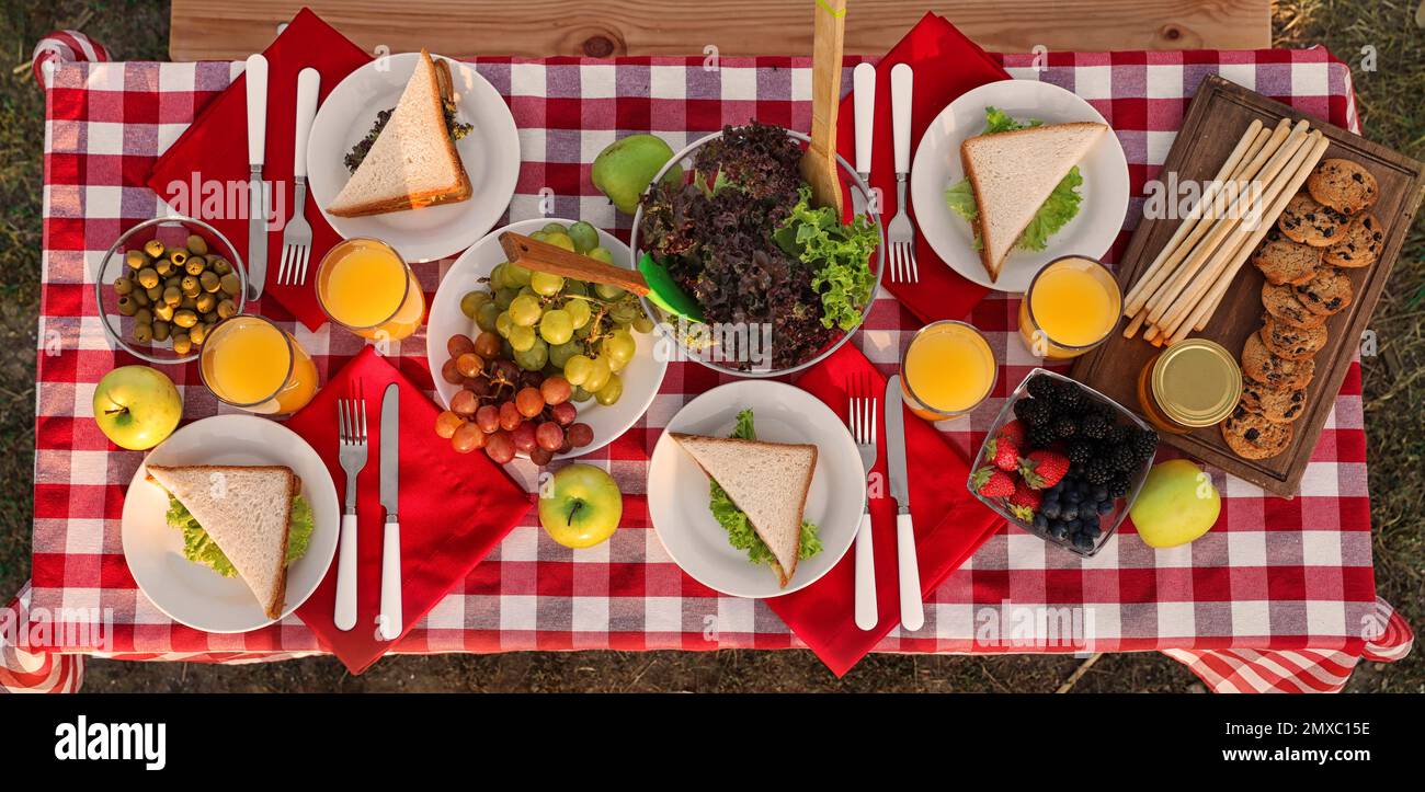Picnic table with snacks and drinks in park, top view. Banner design ...