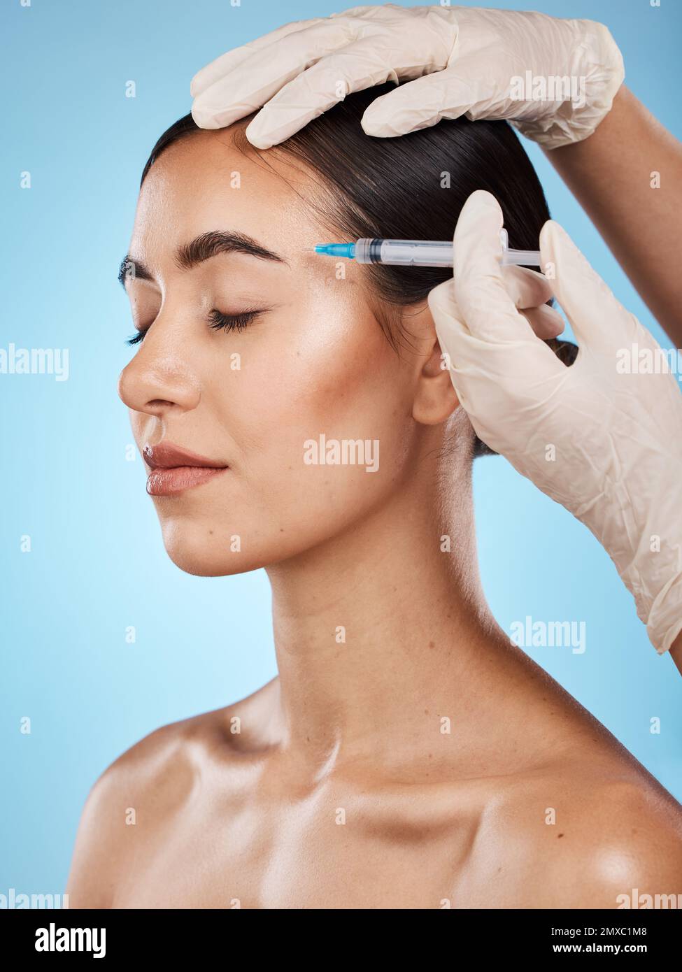 Skincare, botox and woman in a studio with a beautician for face filler ...