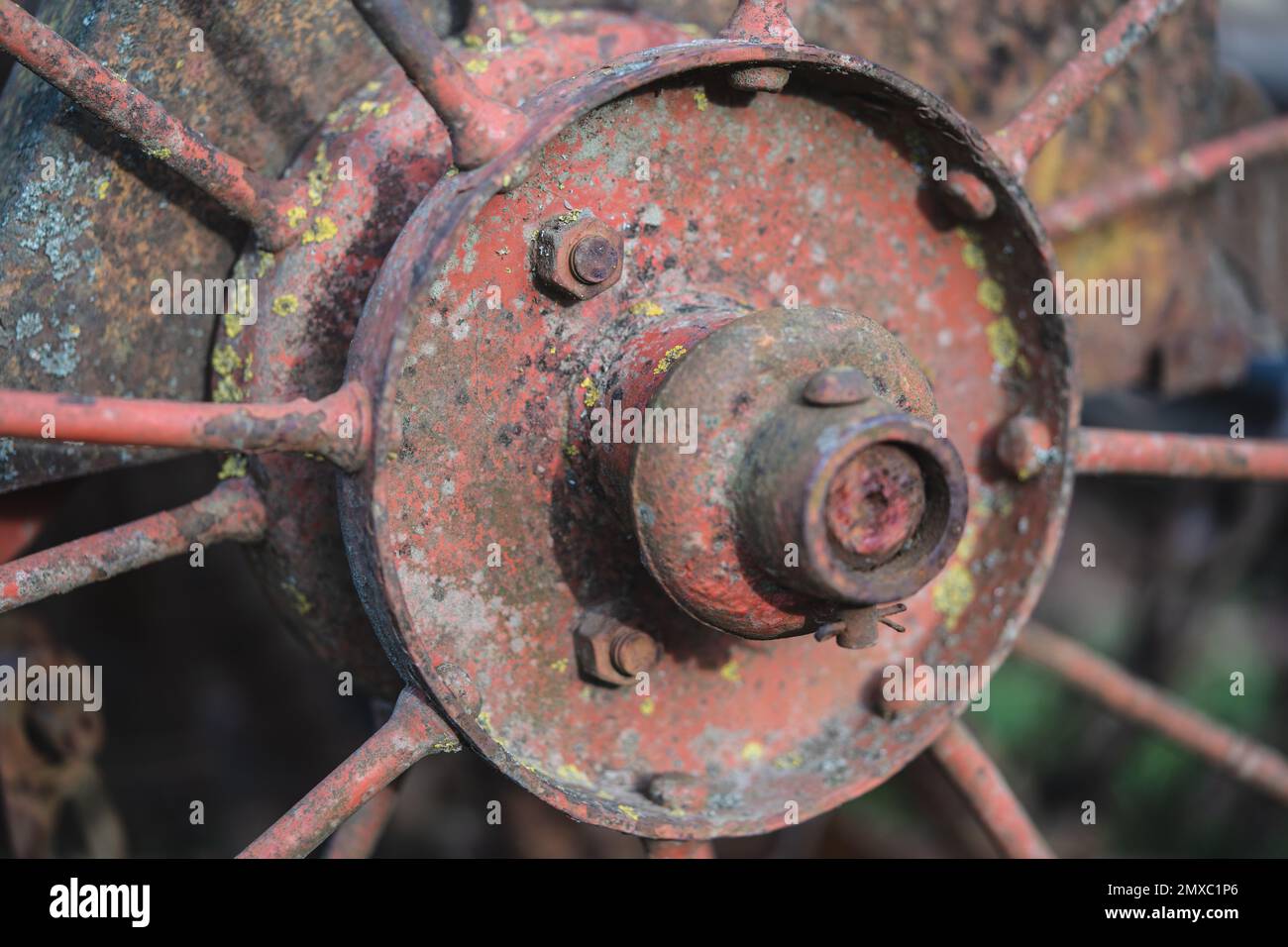 old rusty metal wheel with spokes for work in agriculture Stock Photo ...