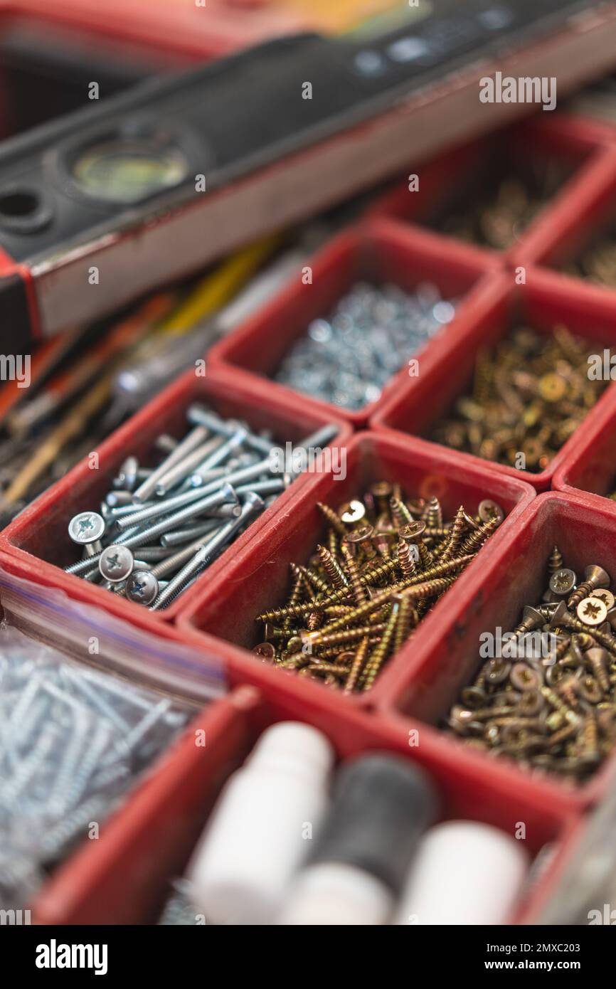 many different screws in the organizer of master for work Stock Photo ...