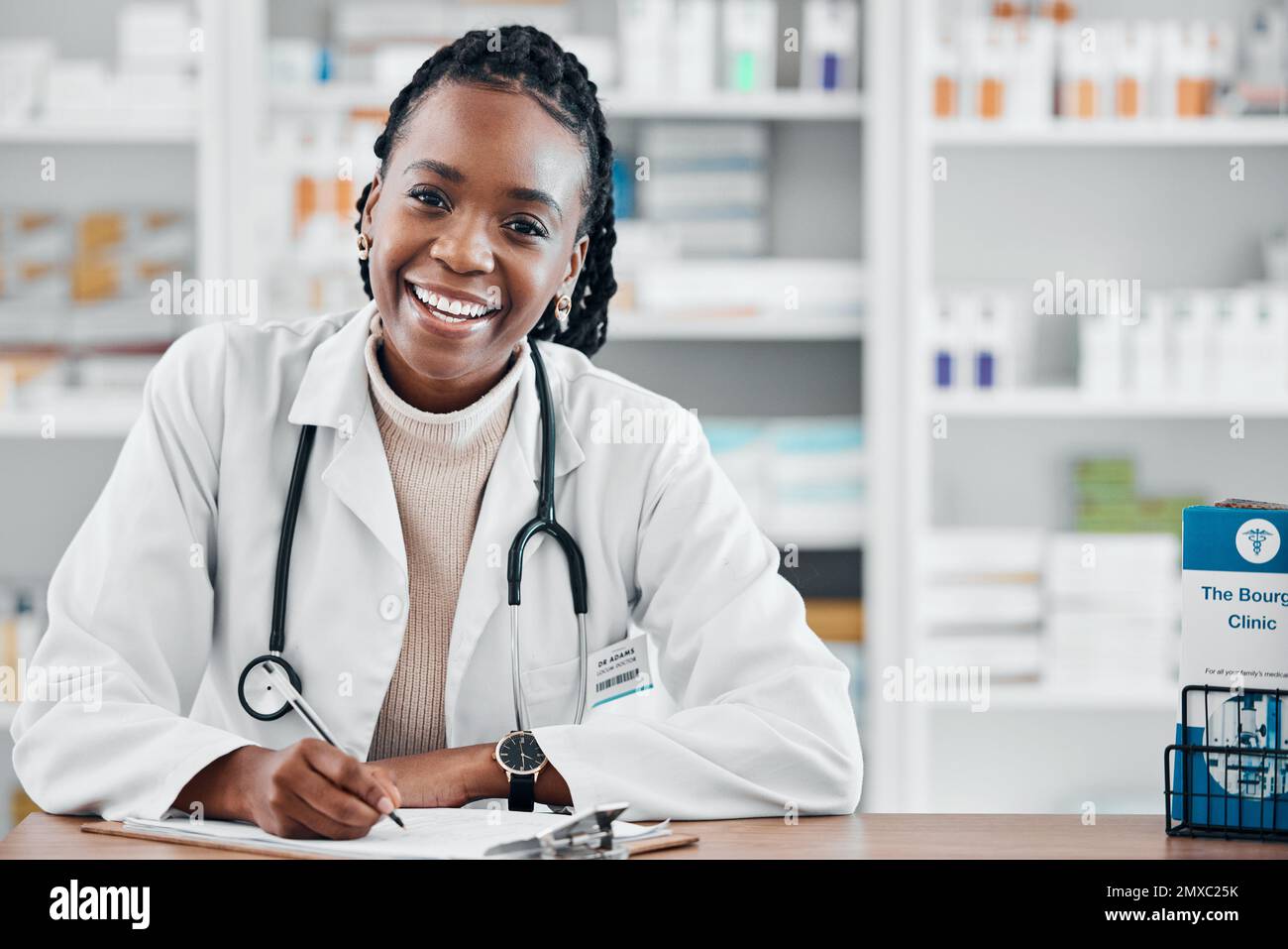 Black woman, pharmacist portrait and smile consultant with stock and ...