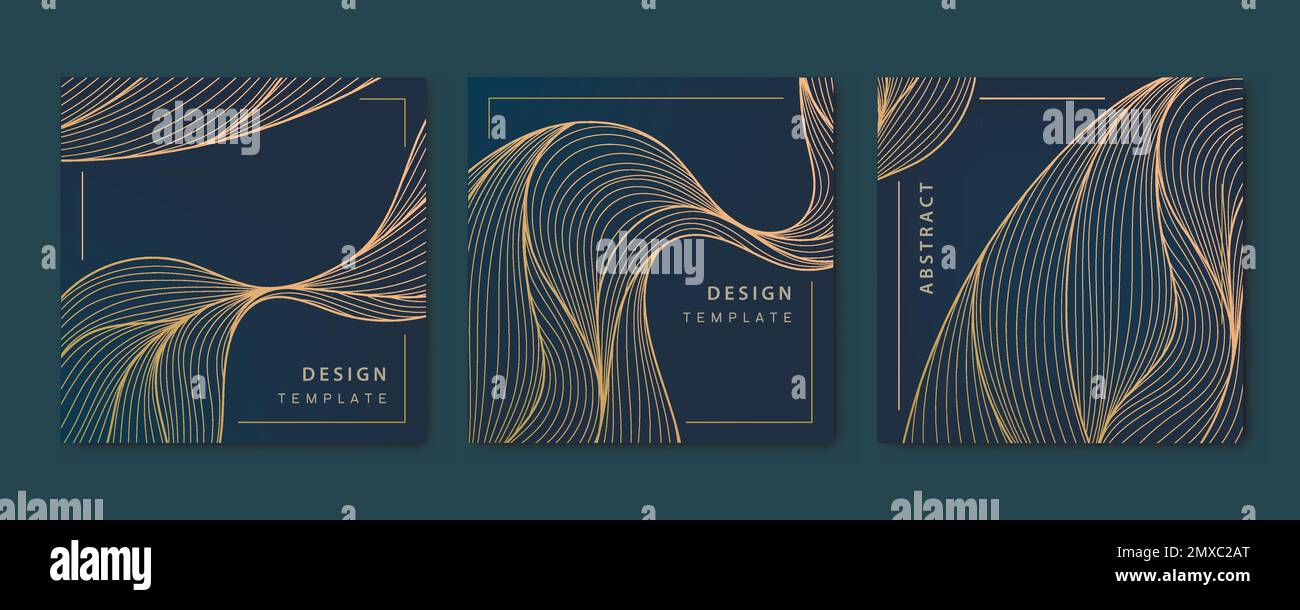 Vector set of wavy luxury line cards, golden dynamic square backgrounds ...