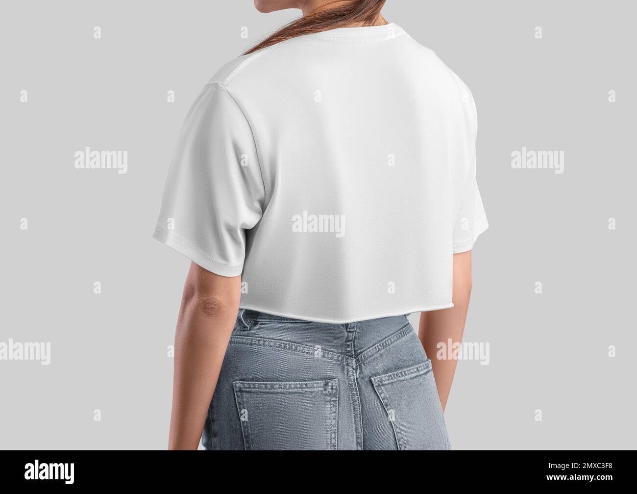 White t-shirt template, crop top on posing girl in jeans with pocket ...