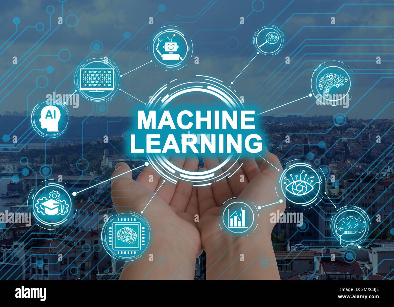 Woman demonstrating machine learning model with linked icons and ...