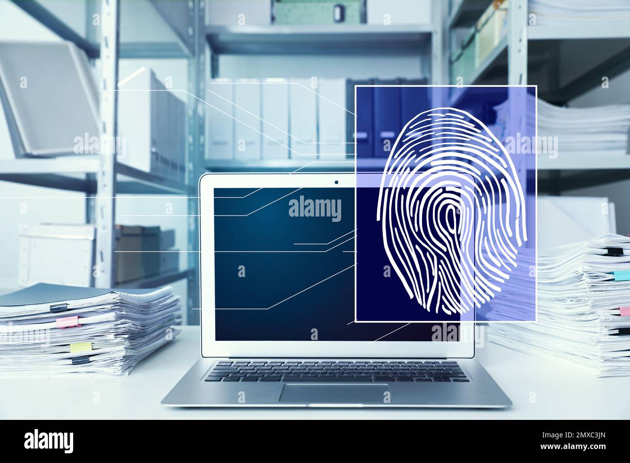 Fingerprint identification. Modern laptop on table indoors Stock Photo ...