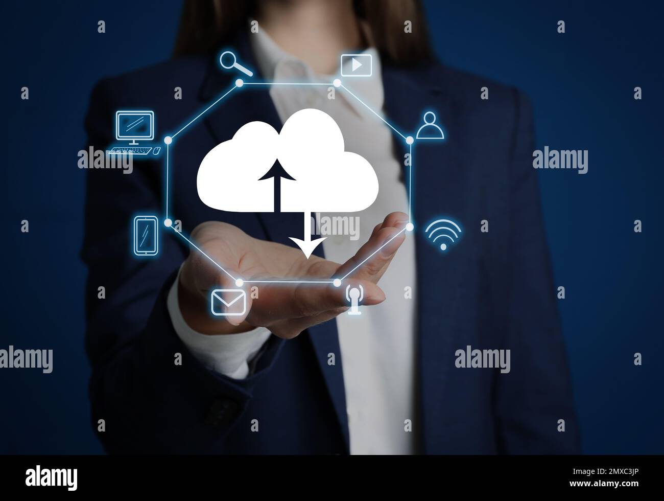 Modern storage technology concept. Woman demonstrating image of cloud ...
