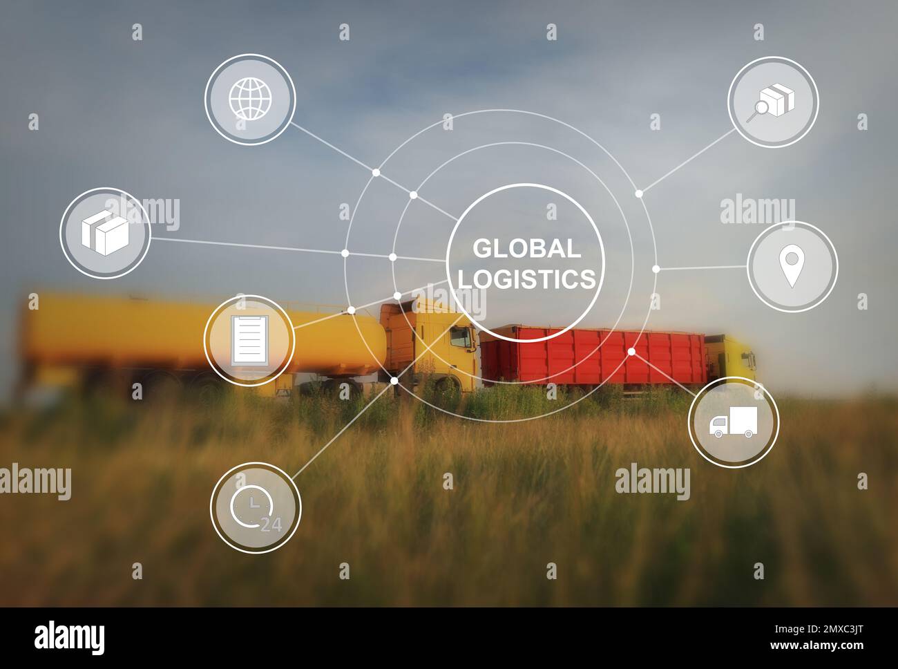 Global logistics concept. Trucks on country road and scheme with icons ...