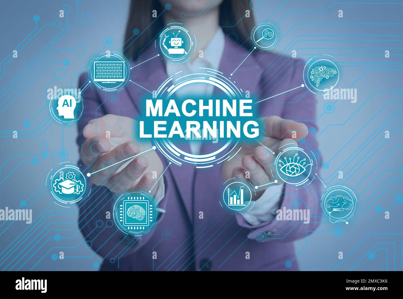 Woman demonstrating machine learning model with linked icons, closeup ...