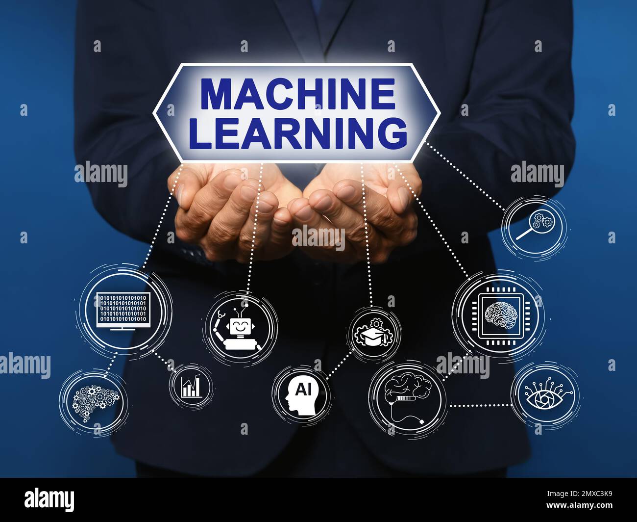 Man demonstrating machine learning model with linked icons on blue ...