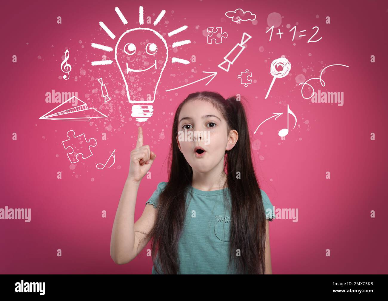 Creative illustration and thoughtful little girl on pink background ...