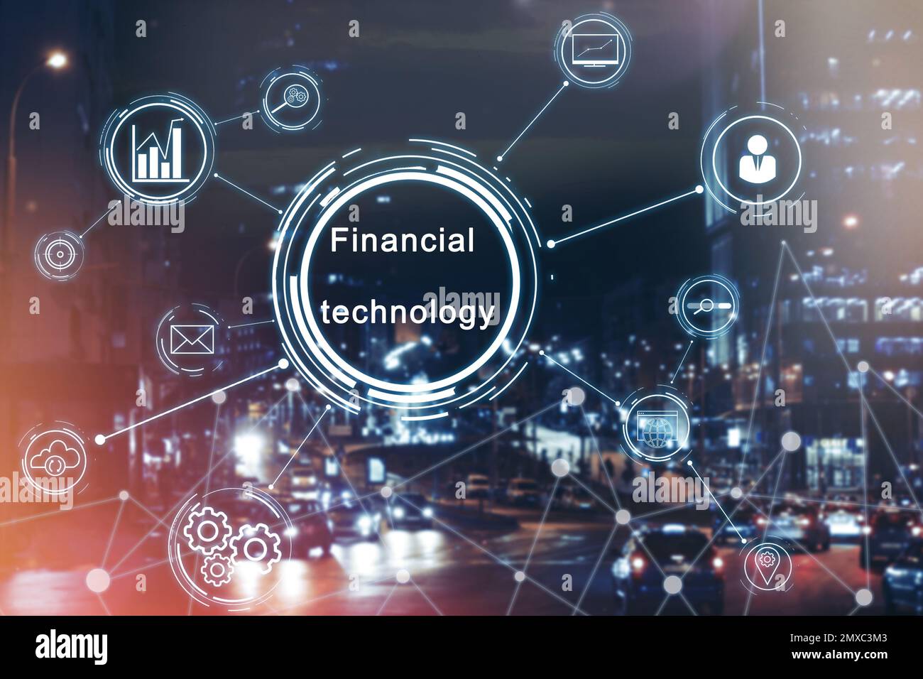 Financial technology concept. Scheme with icons on city background ...
