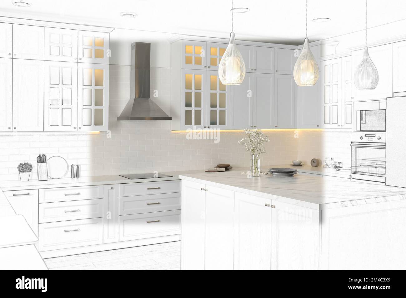 Modern kitchen with stylish white furniture. Illustrated interior ...