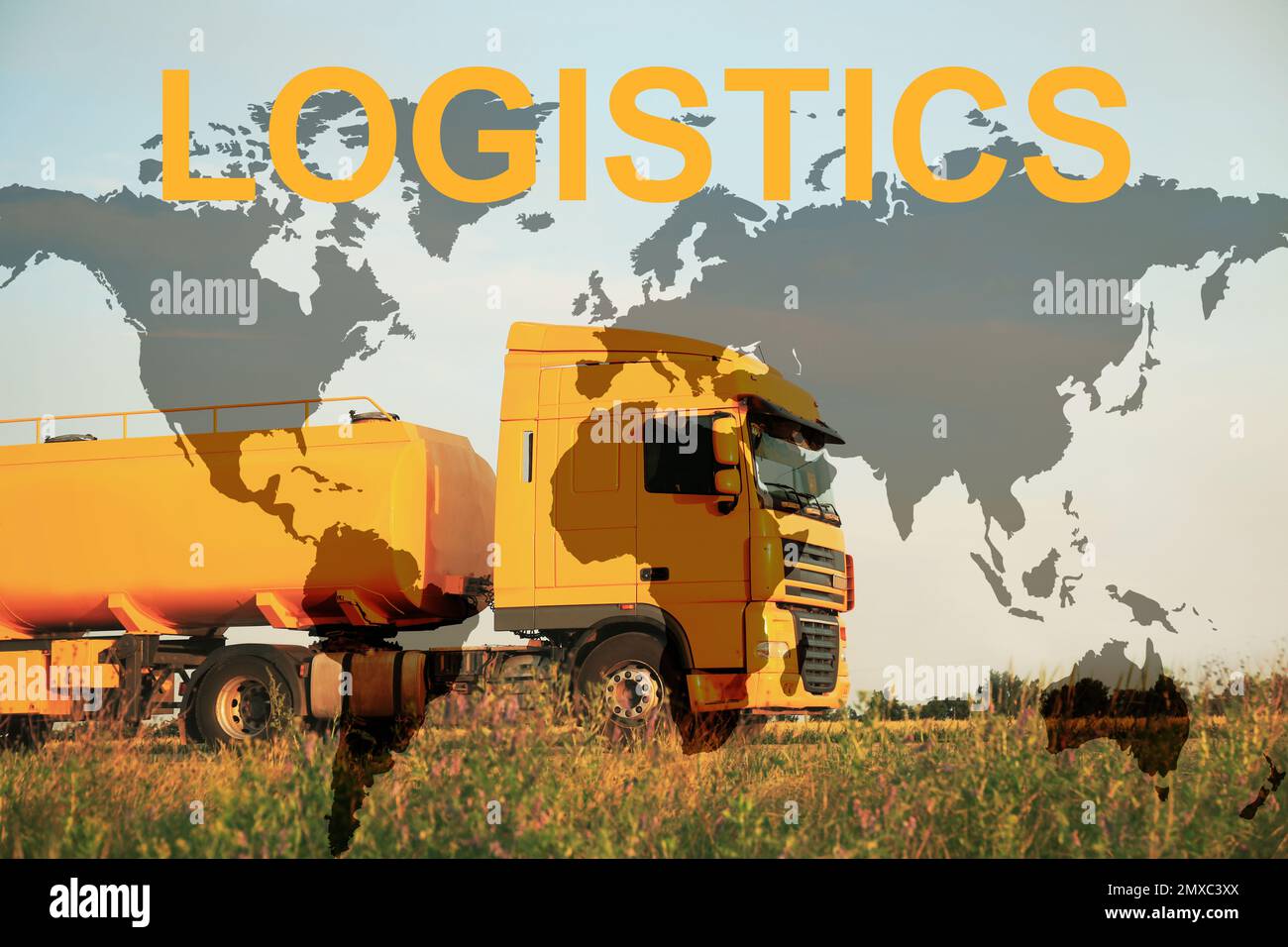 Logistics concept. Truck on country road and world map Stock Photo - Alamy