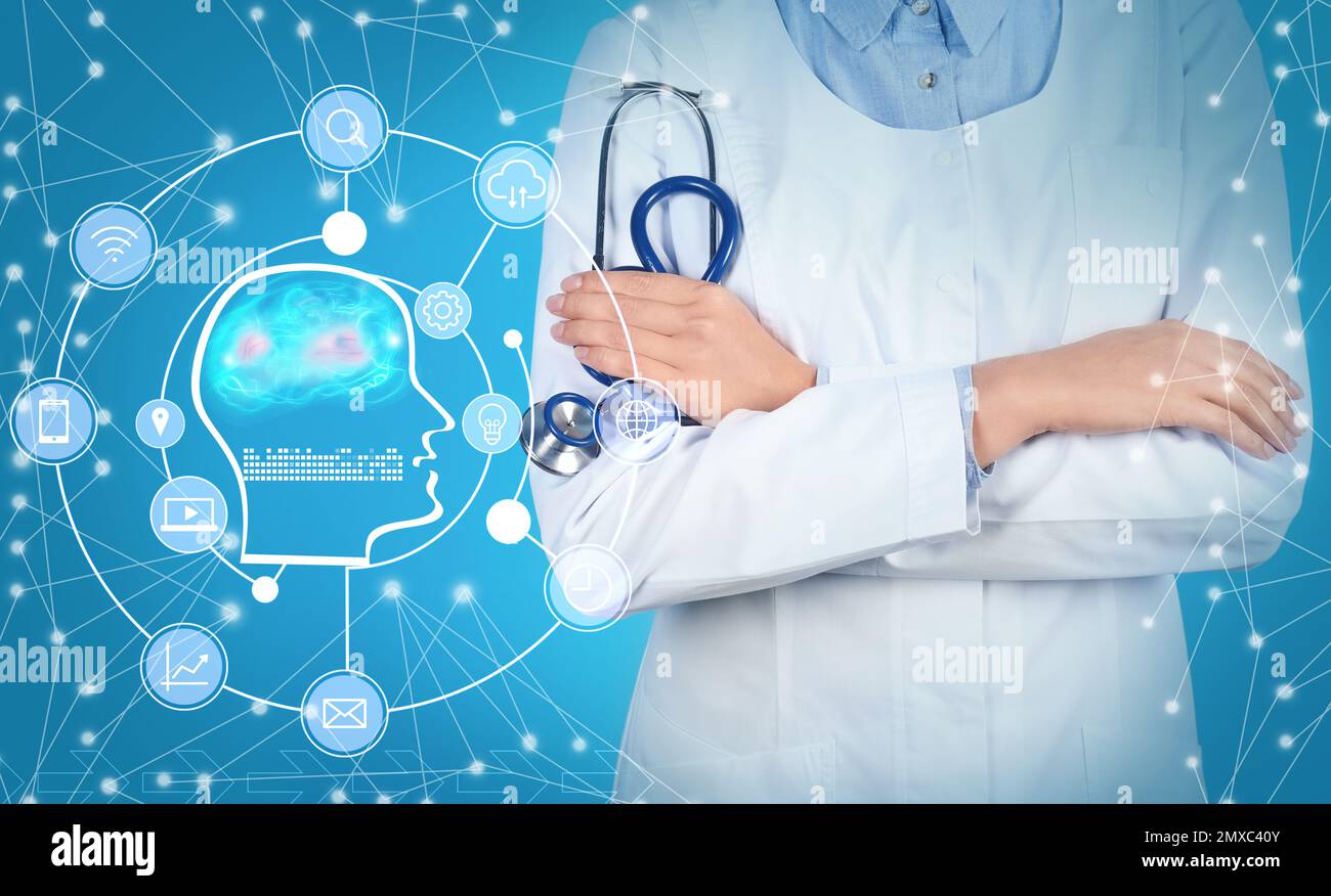 Double exposure of doctor using tablet and artificial intelligence ...