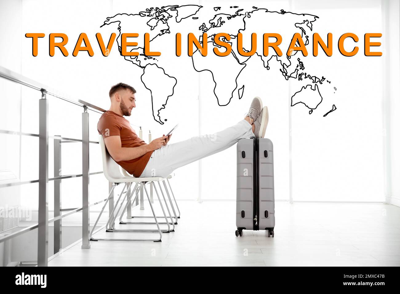 Travel insurance concept. Young man with suitcase in airport Stock ...