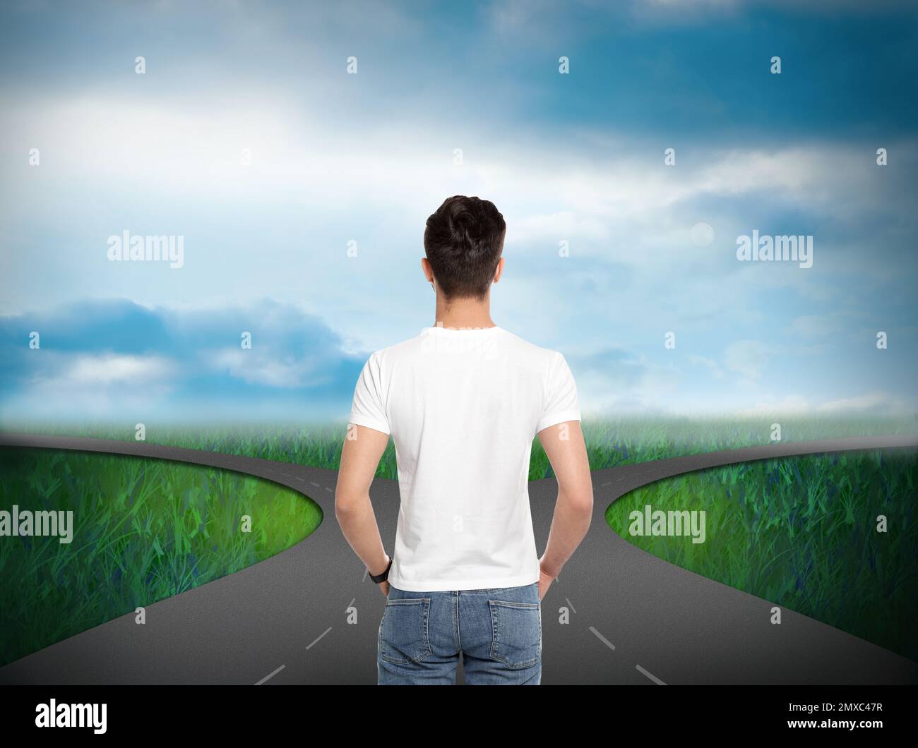 Choose your way. Man standing at crossroads taking important decision ...