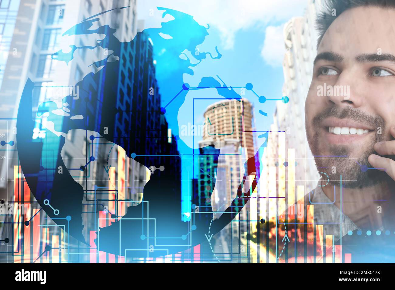 Forex trading. World globe with schemes against man and city on ...