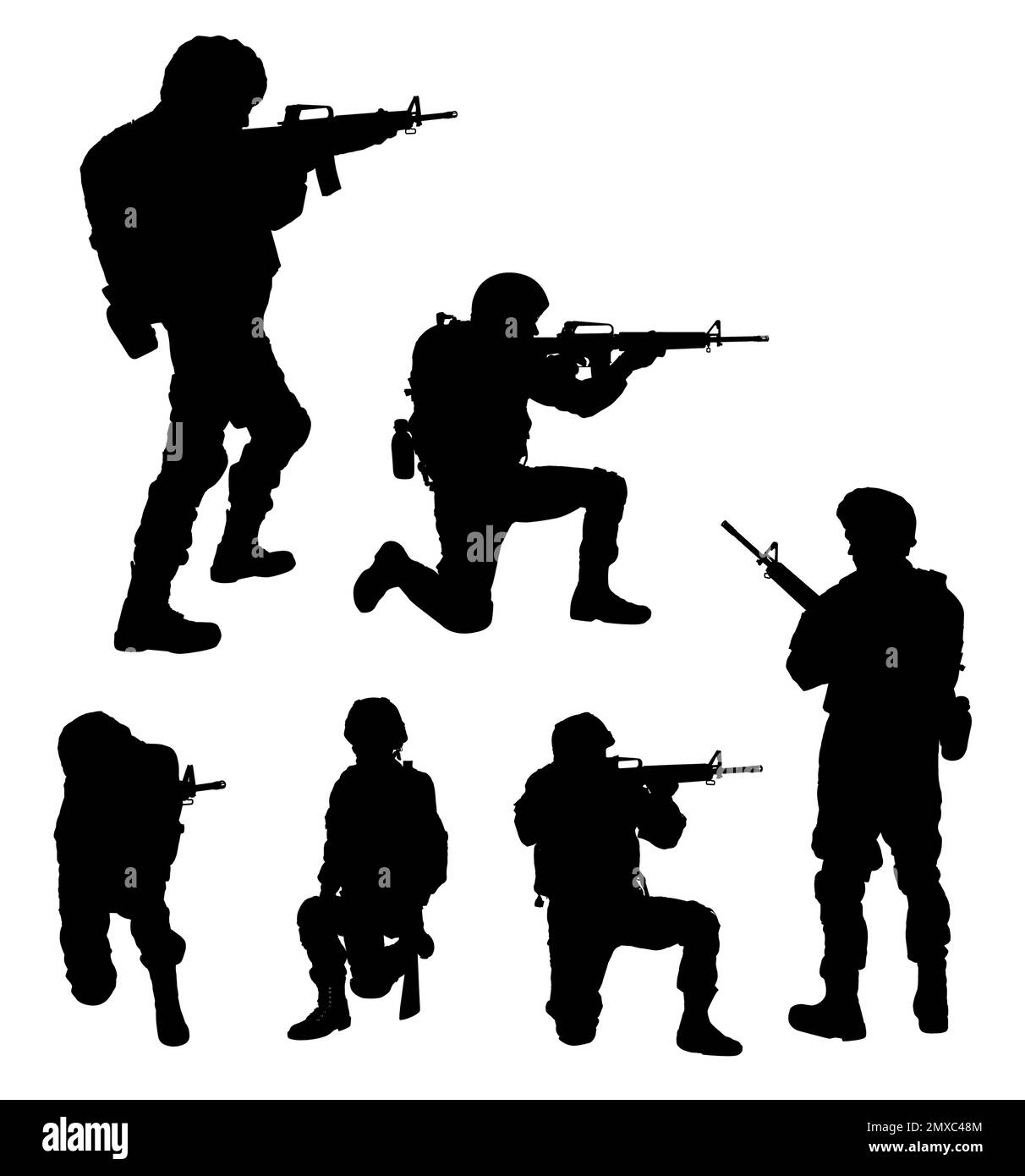 Collage with silhouettes of soldiers on white background. Military ...