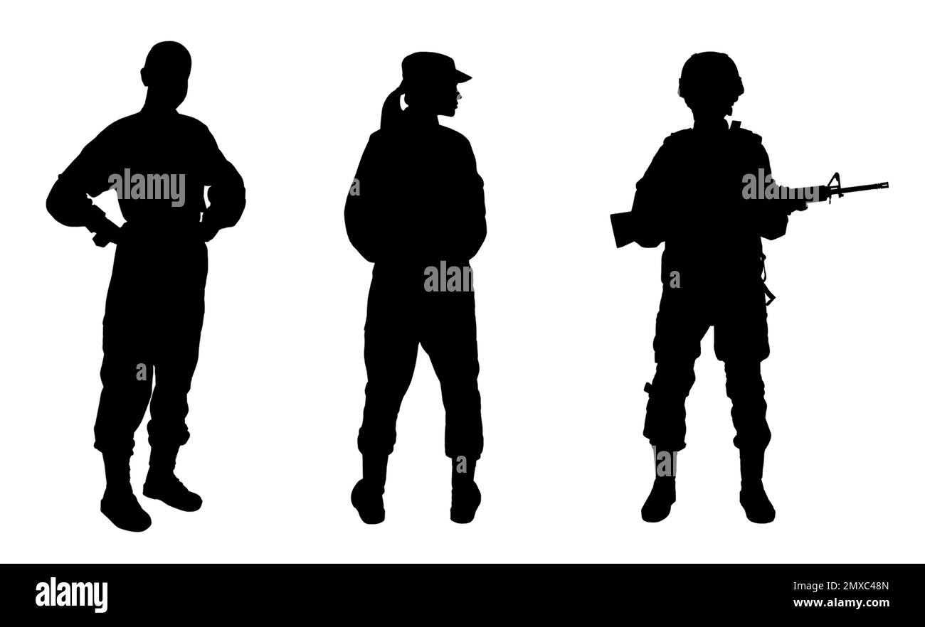 Collage with silhouettes of soldiers on white background. Military ...
