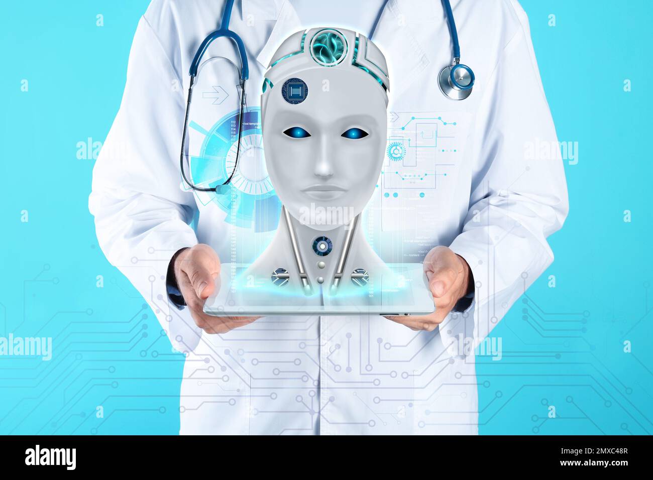 Doctor demonstrating digital model of artificial intelligence on blue ...