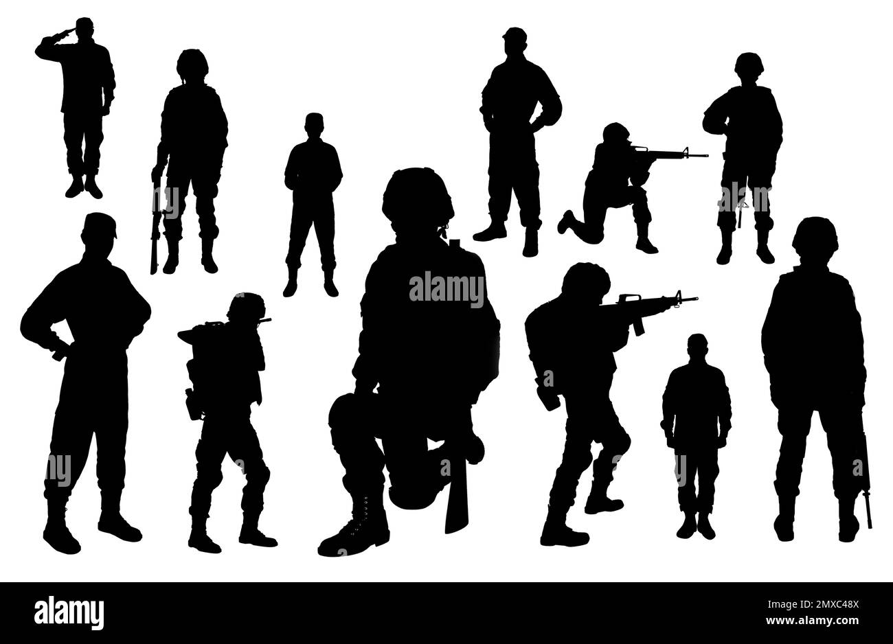 Collage with silhouettes of soldiers on white background. Military ...