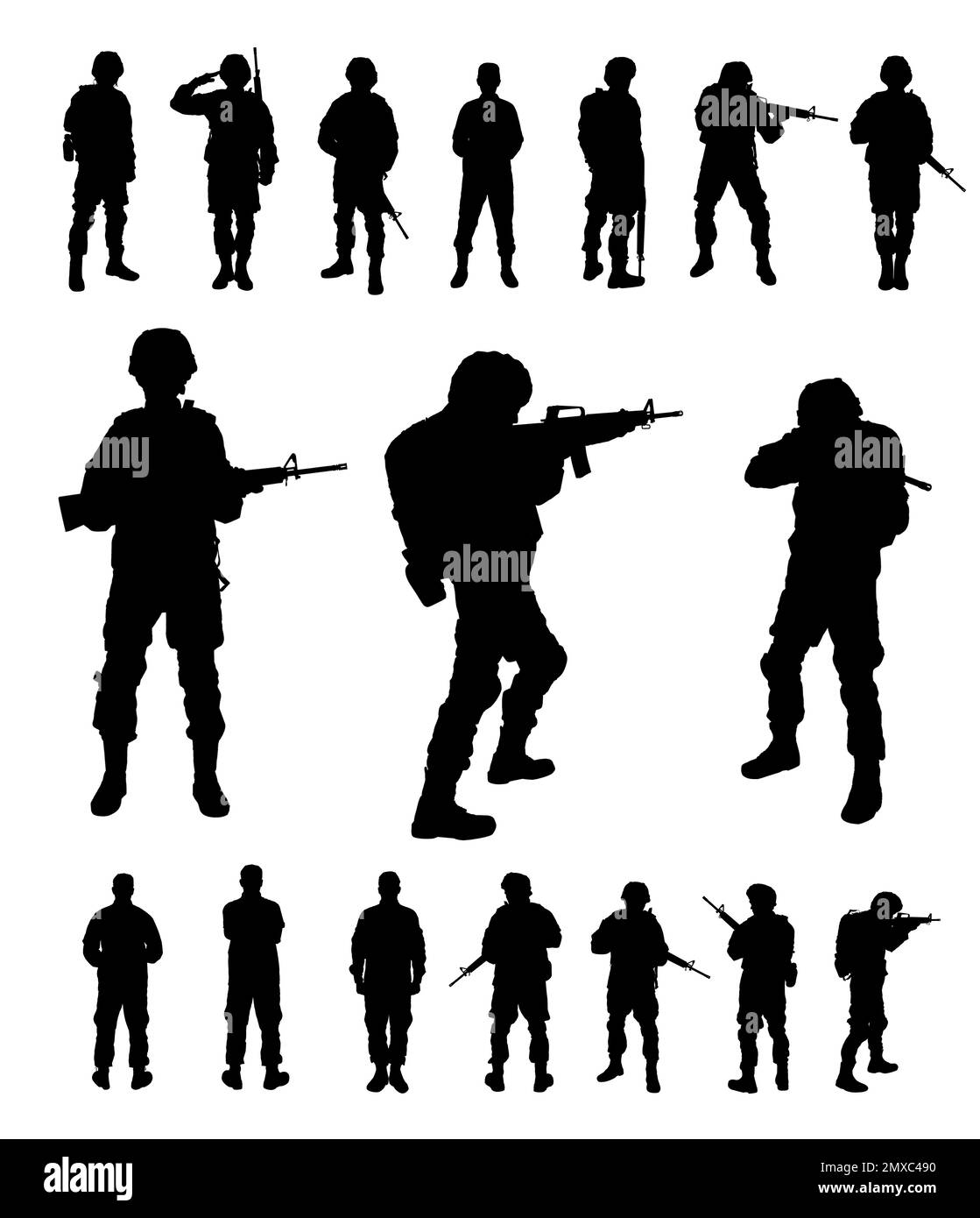 Collage with silhouettes of soldiers on white background. Military ...