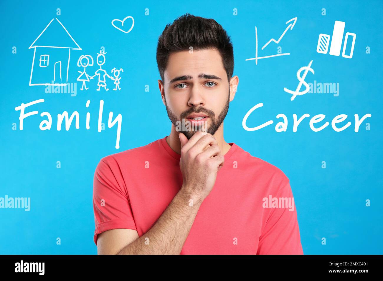 Life balance. Thoughtful man making choice between family and work ...